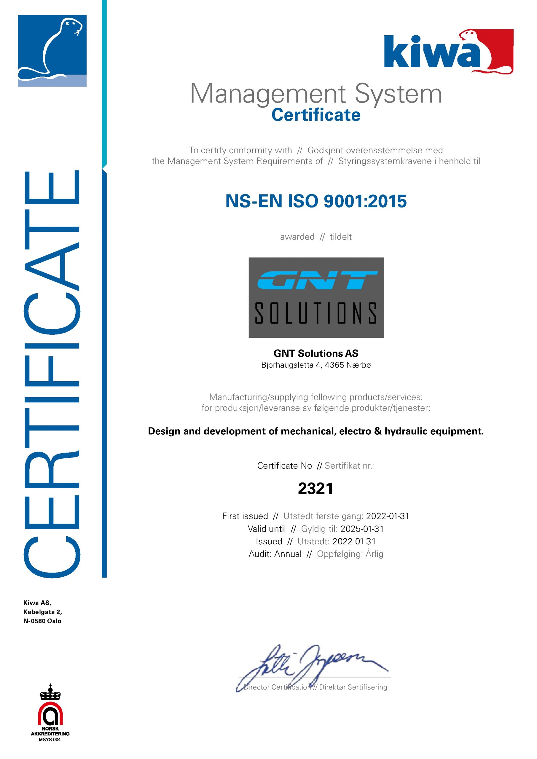 Management System Certificate - GNT Solutions